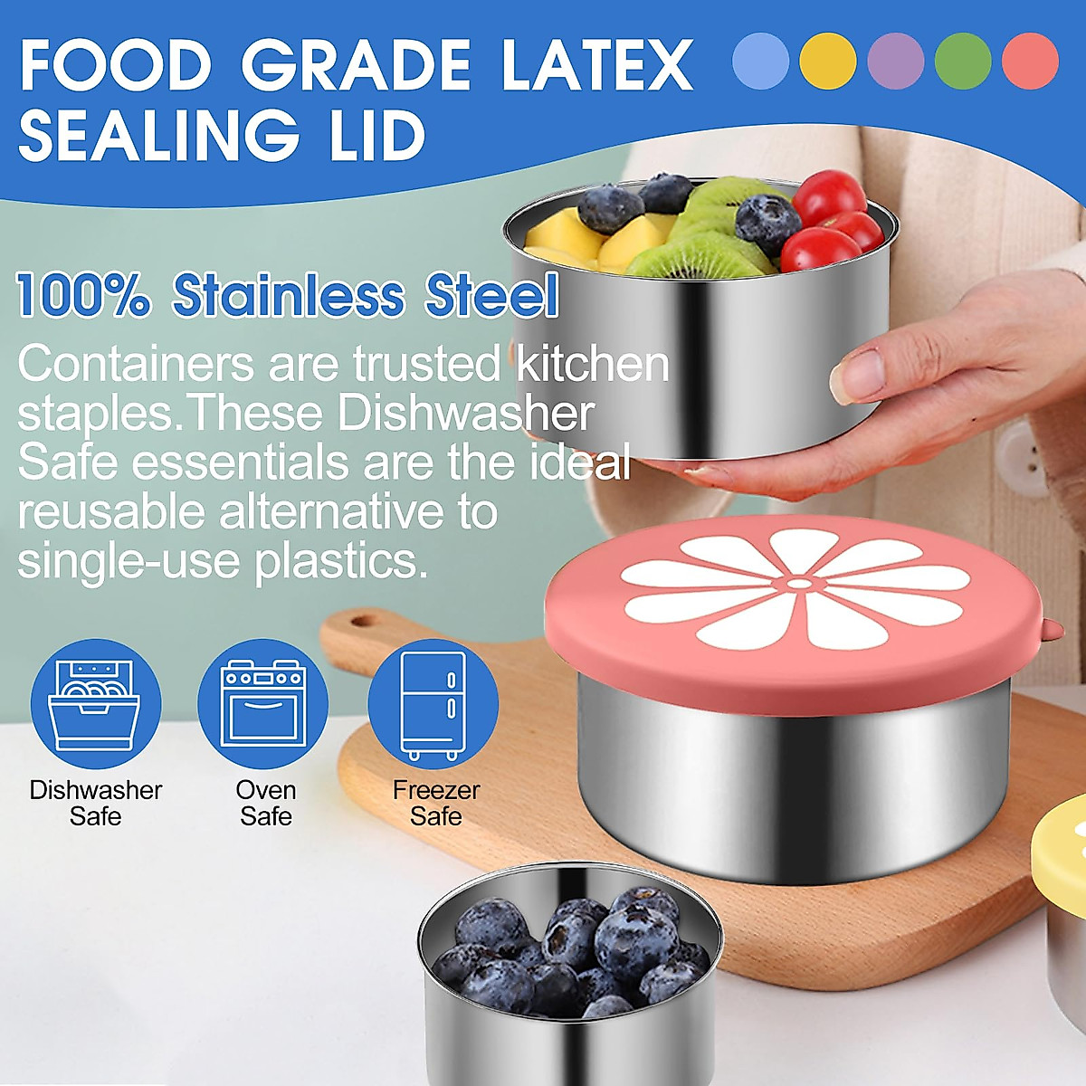 Hippywell Stainless Steel Food Containers with Silicone Lids, Leakproof Metal Lunch Box Set for Kids, Snack Boxes for Travel, 5Pcs Stainless Steel Containers, 1.7OZ up 23OZ