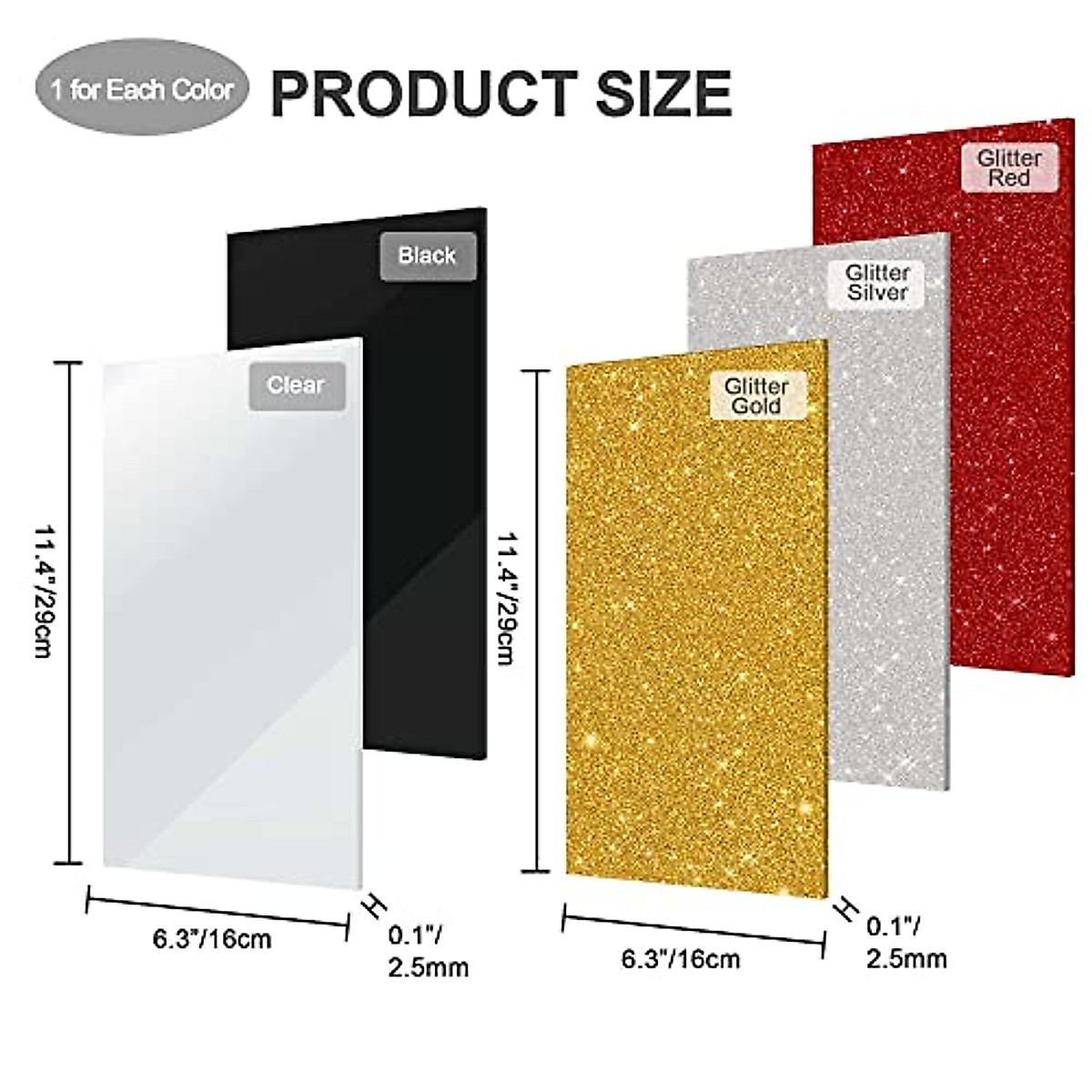 Csyidio 5 PCS Clear Acrylic Sheet for Laser Cutting Cast Glitter Acrylic Plastic Panel Sheet for DIY Art Crafts, Home Decor, 6.3 x 11.4 Inch (Clear, Black, Gold, Silver, Red)