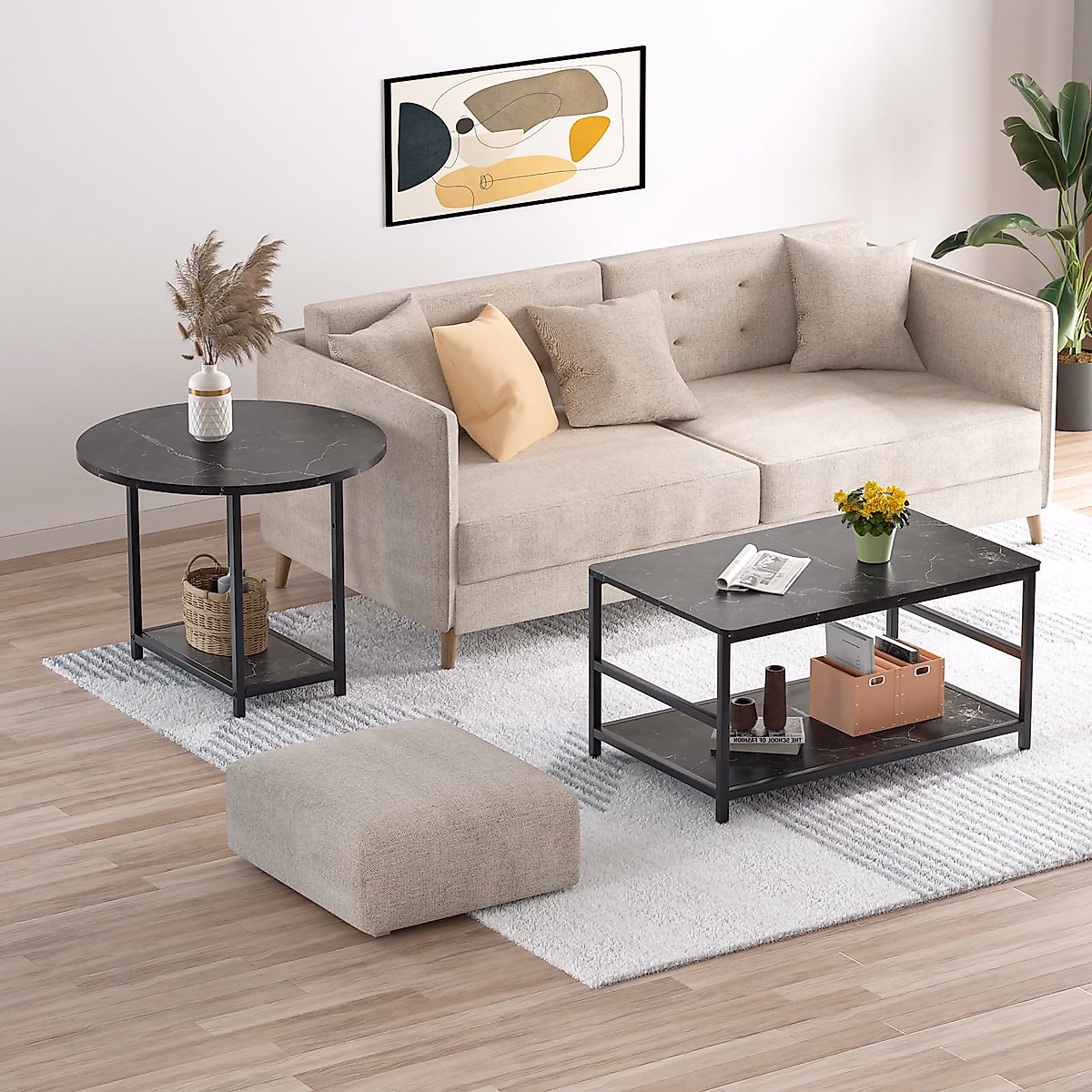 WOHOMO Coffee Table, Black Modern Coffee Tables for Living Room 2 in 1Detachable Small Center Table Set with Storage, Black Marble