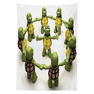 Ambesonne Reptile Tablecloth, Ninja Turtles Dancing Tortoise Team Relax Fun Happiness Theme, Rectangular Table Cover for Dining Room Kitchen Decor, 52" X 70", Green White Brown