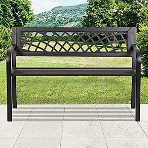 Garden Bench Patio Bench Outdoor Park Bench Metal Outside Porch Chair Seat Cast Iron Steel Frame Sturdy Bench Patio Furniture for Yard Porch Entryway Lawn Decor Deck, Black, 46 in