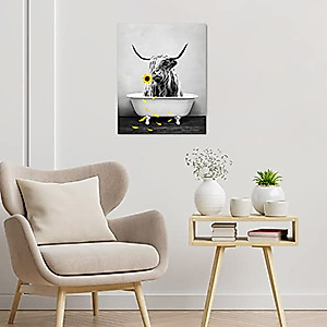 LB Highland Cow Canvas Wall Art Decor Western Wild Animal With Yellow Sunflower Artwork Picture Abstract Painting for Bedroom Living Room Bathroom Office Home Decor Framed Ready to Hang, 12x16 Inches