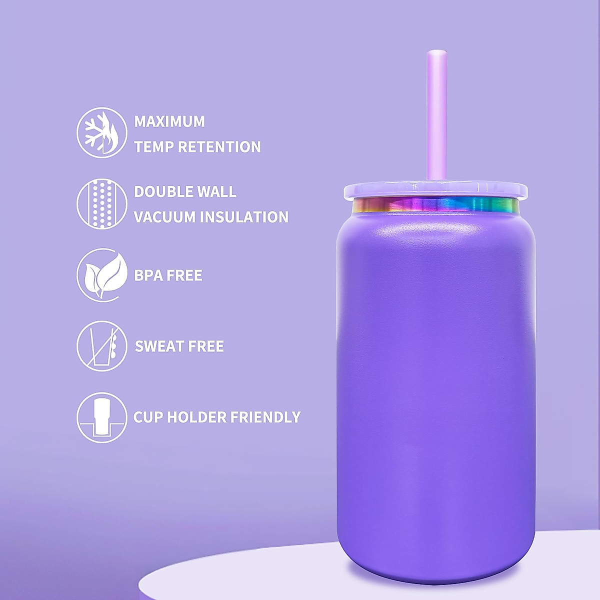 Glass Cups with Lids and Straws, 16 oz Stainless Steel Cups, Insulated Skinny Tumbler, Powder Coated Travel Mugs for Laser Engrave, Iced Coffee Cup for Smoothie Water DIY Gift (Purple,1 pack)