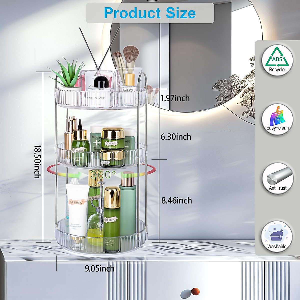 Niluks 360 Rotating Makeup Organizer for Vanity, Large Capacity Spinning Perfume Organizer, Bathroom Organizer, Cosmetic Skincare Holder Organizer for Countertop (Silver Clear, 3 Tier)