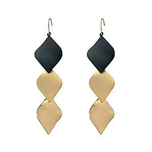 Long Square Dangle Drop Earrings Lightweight Fashion Geometric Earrings Square Gold Statement Dangle Earrings Minimalist Polished Simple Plain Geometric Flattened Hoop Earrings-Black