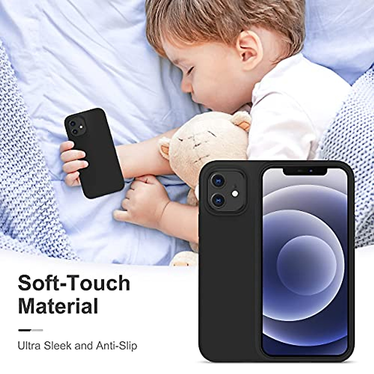 CellEver Silicone Case for iPhone 12, 12 Pro Slim Fit [2 Tempered 9H Glass Screen Protectors Included] Shockproof Phone Cover with [Soft Microfiber Lining] - Black