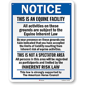 SmartSign 30" x 24" 'Notice - This Is An Equine Facility, Not A Spectator Area, Inherent Risk Law' Sign, 80 mil Aluminum, 3M Laminated Engineer Grade Reflective, Blue/Black/White, USA-Made