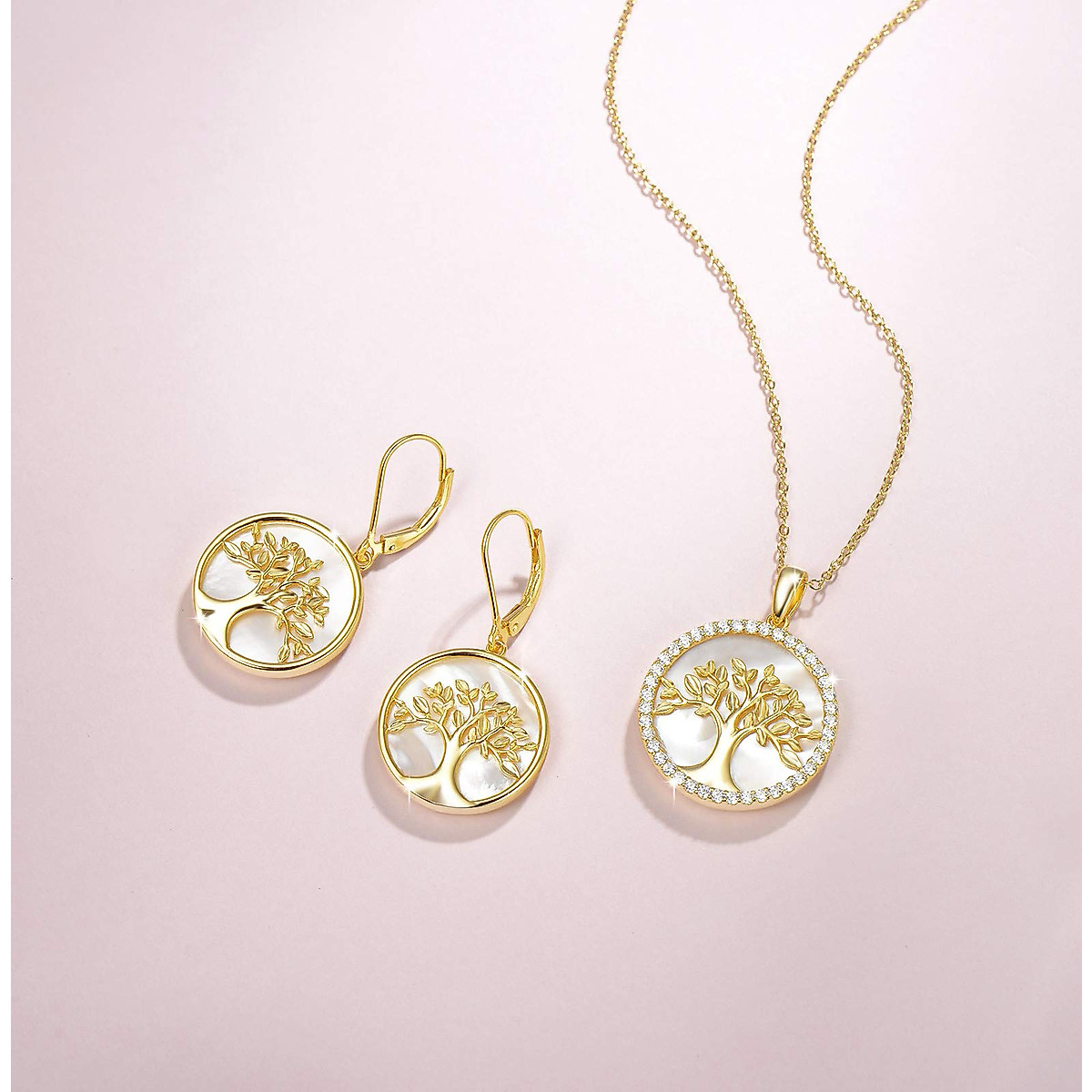 Agvana Tree of Life Earrings for Women Gold Plated Sterling Silver Genuine Mother of Pearl Family Tree Dangle Earrings Anniversary Jewelry Birthday Gifts for Women Mom Wife Her