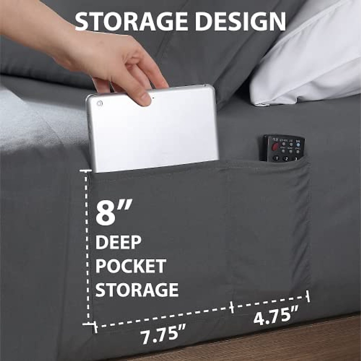 Swift Home Smart Sheets, Ultra Soft Brushed Microfiber 4-Piece Sheet Set, Fitted Bed Sheet with Side Storage Pockets – Grey, Queen