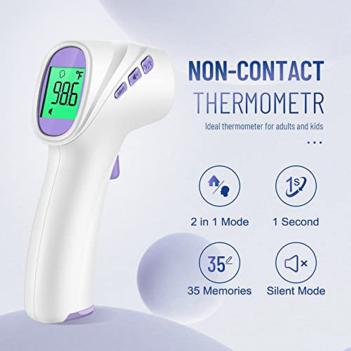GoodBaby No-Touch Digital Forehead Thermometer, Infrared Thermometer for Adults, Kids & Babies, 1 Second Measurement, Fever Alert and 35 Sets Memory, Purple