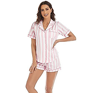 LUBOT 100% Cotton Women's Pajamas Set Short Sleeve Button-Down Shirt PJ Two-piece Set Printed Patterned Summer Night Suit Sleepwear Loungewear (Stripe, M)