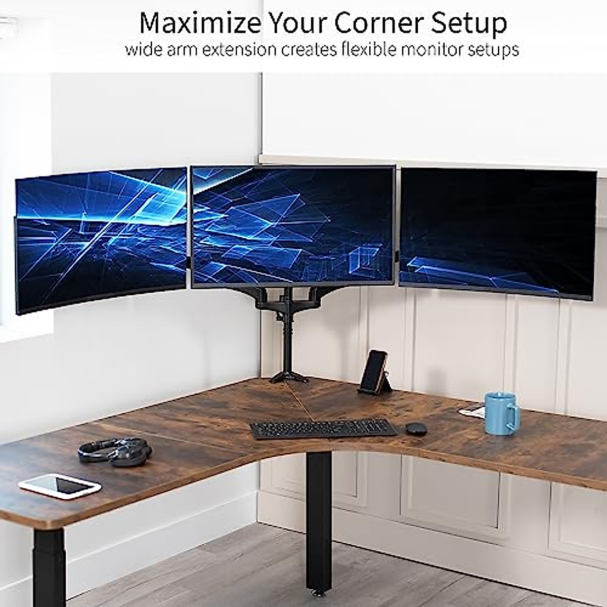 VIVO Triple Monitor Height Adjustable Desk Mount, 2 Pneumatic Arms, 1 Fixed, Counterbalance Stand, 17.6 lbs Weight Capacity per Screen, Max VESA 100x100, Fits up to 32 inch Screens, Black, STAND-V300G