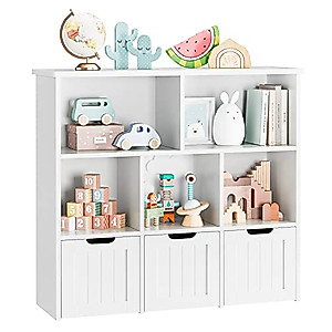 FOTOSOK Toy Storage Organizer with 3 Movable Drawers, Floor Storage Cabinet Toy Chest with Hidden Wheels and 5 Storage Cubbies, Multifunctional Storage Chest for Nursery, Playroom and Bedroom, White