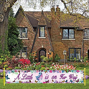 Labakita A Little Butterfly is on Her Way Banner, Purple Butterfly Baby Shower Decorations for Girl, Girl Baby Shower Banner for Courtyard / Garden / Yard, Gender Reveal Decorations