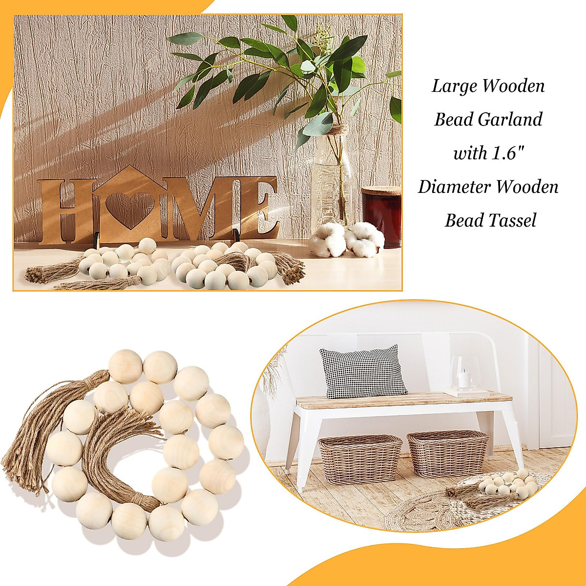 2 Pcs Large Wood Bead Garland with 1.57" Diameter Wood Beads and Tassel, Decorative Beads Boho Home Decor 40'' Long Oversized Wooden Beads Garland Table Decoration for Tiered Tray Wall (White)