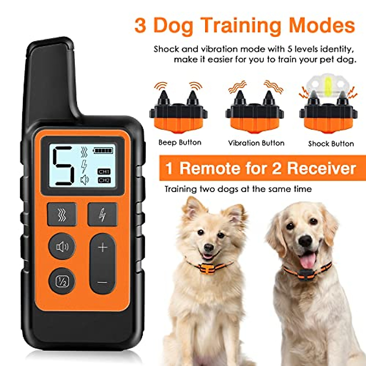 HKZOOI Dog Training Collar, 2 Receiver IPX7 Waterproof Shock Collars for Dog with Remote Range 1640ft, 3 Training Modes, Beep Vibration and Shock, Electric Dog Collar for Small Medium Large Dogs