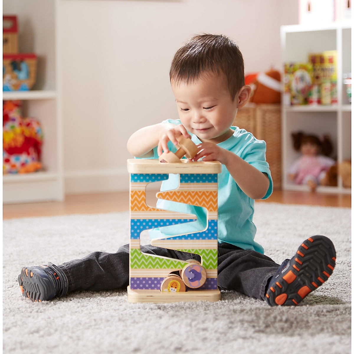 Melissa & Doug First Play Wooden Safari Zig-Zag Tower with 4 Rolling Pieces