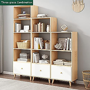 IOTXY 3-Tier Open Shelves Bookcase - 47 Inches Height Modern Floor Standing Cubes Wooden Low Bookshelf with Storage Drawer and Legs, Oak