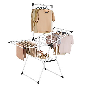 SONGMICS Clothes Drying Rack, Foldable 2-Level Laundry Drying Rack, Free-Standing Airer, 1 Additional Tall Hanging Bar, 2 Height-Adjustable Wings, 24 Drying Rails, Space Savng, Simply White ULLR521W01