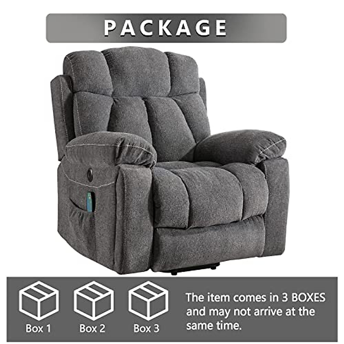 CANMOV Large Power Lift Recliner Chairs with Massage and Heat for Elderly Big People, Heavy Duty Motion Reclining Mechanism-Anti Skid Fabric Recliner Chair with 2 Concealed Cup Holders,Dark Gray