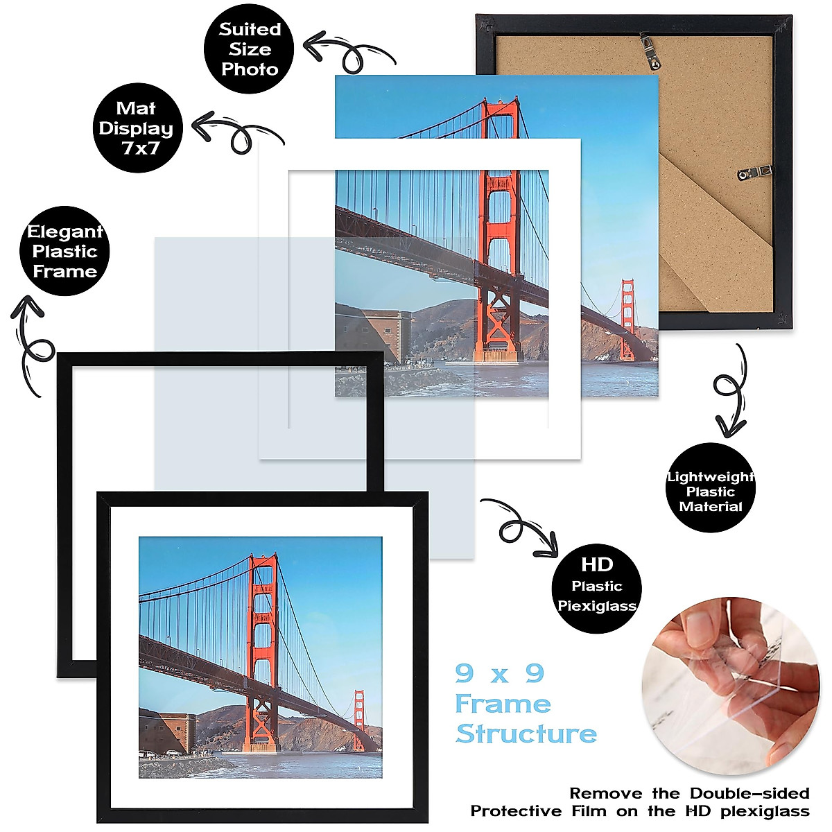 OMISHE 9x9 inch Picture Frame Black for Wall Hanging or Tabletop Poster, Frame Display 7x7 inch with Mat or 9x9 Without Mat, Square Wall Gallery Photo Frame, Black