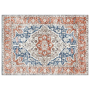 Pajata Red and Blue Vintage 5X7 Area Rug Oriental and Bohemian Carpet for Bedroom Kitchen and Living Room Non-Shedding and Easy-Cleaning