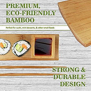 BambooMN 6 Piece, 2 Sets of 7" Reusable, Eco-Friendly, Carbonized Brown Bamboo Sushi Serving Plates/Trays: Chopsticks, and Soy Sauce Dishes Included!