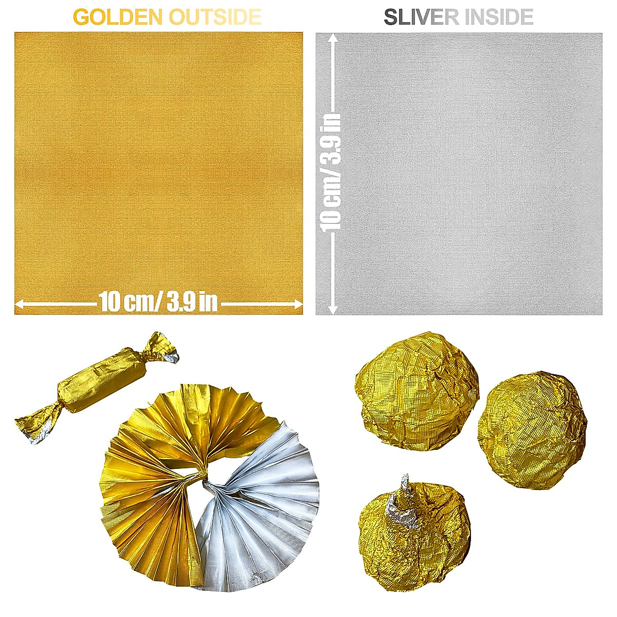 VESTARUVOT 200PCS Foil Candy Wrappers, 3.9x3.9 inches Golden Aluminium Foil Candy Wrappers Square Chocolate Molds Sugar Tin Foil Wrappers for DIY Candy Chocolate Packaging by Party Wedding Birthday