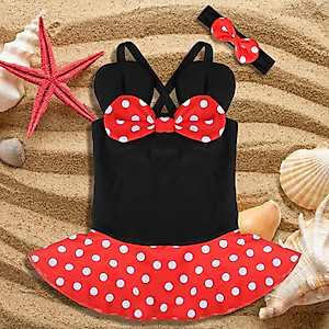 Kid Toddler Baby Girls Bathing Suit Bow Dot One Piece Swimsuit Swimwear, Red Black, Large