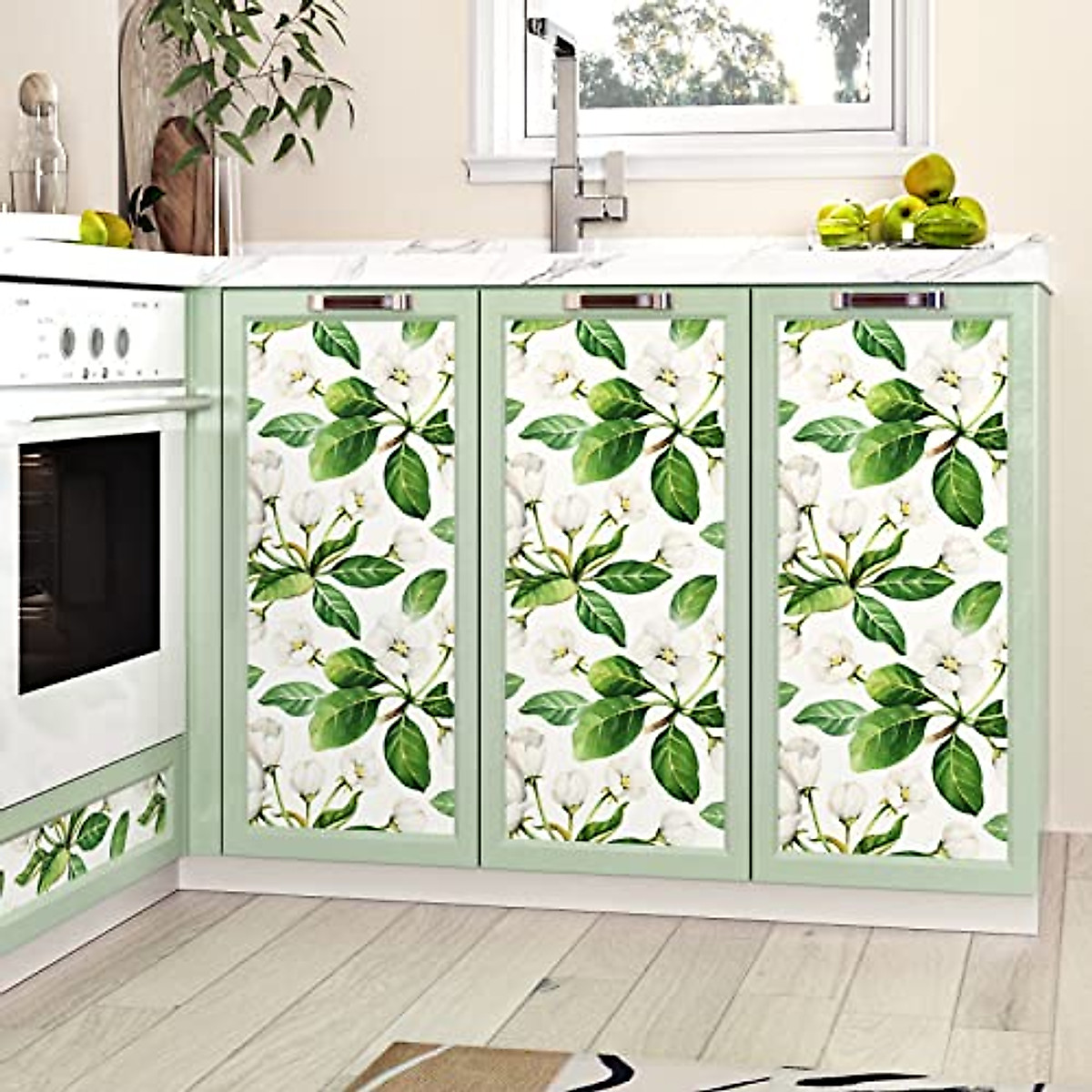 STICKEEP White Floral Peel and Stick Wallpaper Green Leaf Wallpaper 24” x 118” Removable Floral Contact Paper Peel and Stick Flower Wall Paper Vinyl Roll Wallpaper for Bedroom Walls Cabinets Shelves