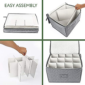 LotFancy Stemware Storage Container - Deluxe Quilted Storage Case with Dividers for 12 - Wine Glasses, Champagne Flutes, Glassware, Drinkware Storage Chest, 15.5”x12.5”x 10”, Gray