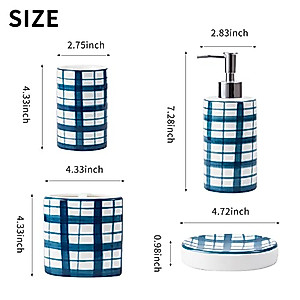 Ceramic Bathroom Accessories Set, Bath Vanity Countertop Blue Plaid Accessory Sets Complete, with Soap/Lotion Dispenser, Toothbrush Holder, Tumbler, Soap Holder