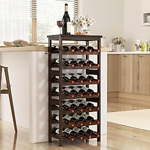28-Bottle Wine Rack Free Standing Floor, Solid Wood 7-Tier Display Wine Storage Shelves with Tabletop, Wobble-Free Bottle Holder for Cellar Kitchen Bar Dining Room Living Room, Walnut