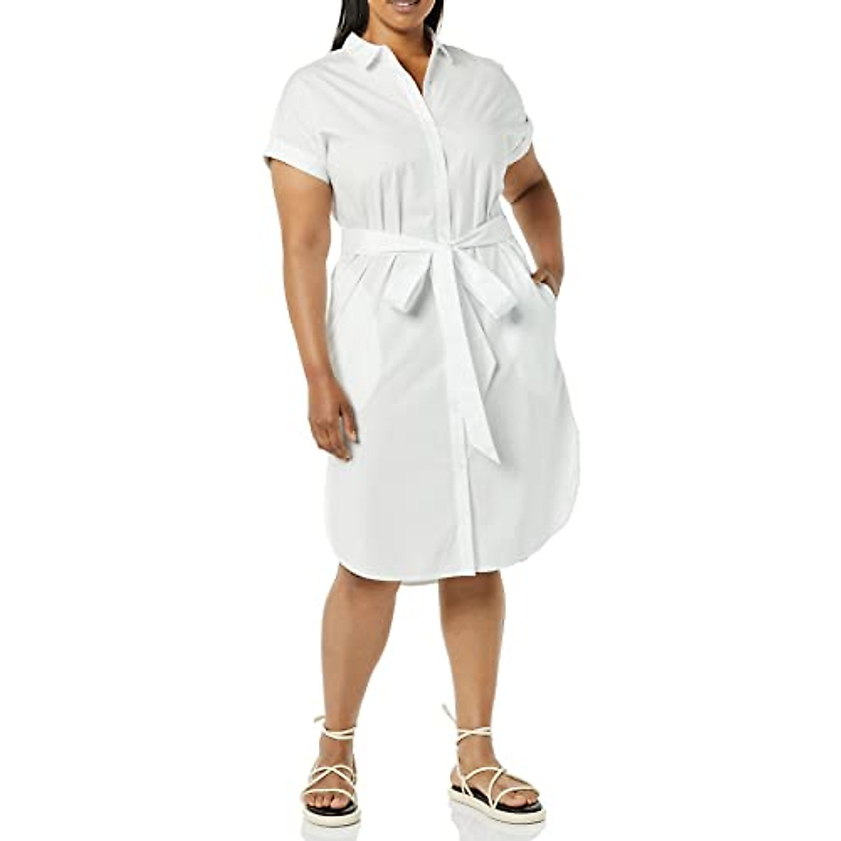 Amazon Essentials Women's Relaxed Fit Short Sleeve Button Front Belted Shirt Dress, White, Large