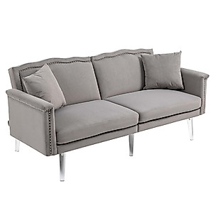 TMEOSK Convertible Futon Sleeper Sofa Bed with 2 Pillows and Armrest, Mid Century Modern Velvet Loveseat Adjustable Couch for Living Room Office Compact Small Space (Gray)