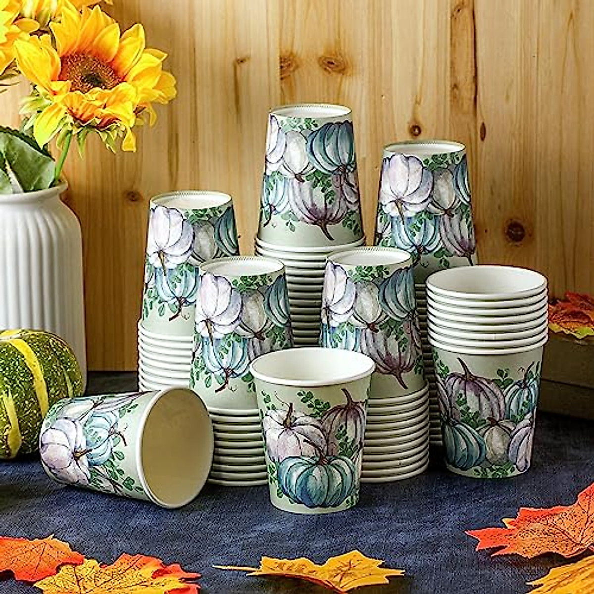 Umigy 100 Pcs 9 oz Fall Disposable Paper Cups Pumpkin Cup Thanksgiving Party Supplies Pumpkin Maple Leaves Cups for Coffee Juice Hot Cold Drink Thanksgiving Decorations(Simple Pumpkin)