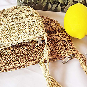 Ayliss Women Straw Crossbody Purse Beach Handmade Woven Shoulder Bag with Tassels (Half Round-Khaki)