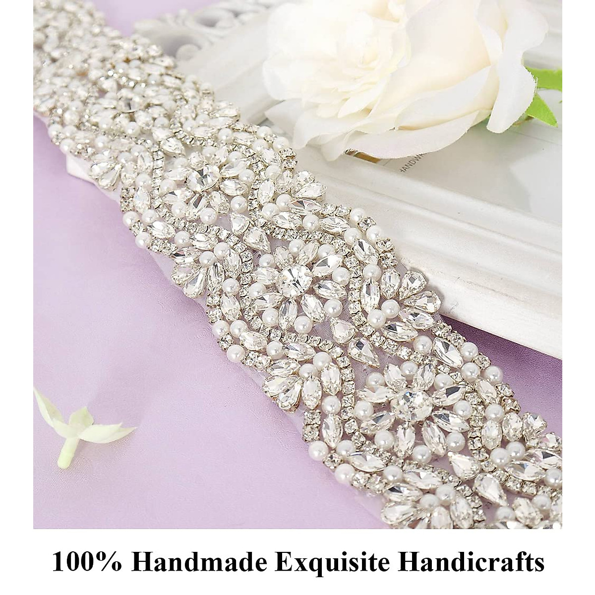 Pardecor Wedding Belt Rhinestone Belt Bridal Wedding Dress Sash Trim Rhinestone Applique Dress Belt Crystal Sash Accessories (327 Silver)