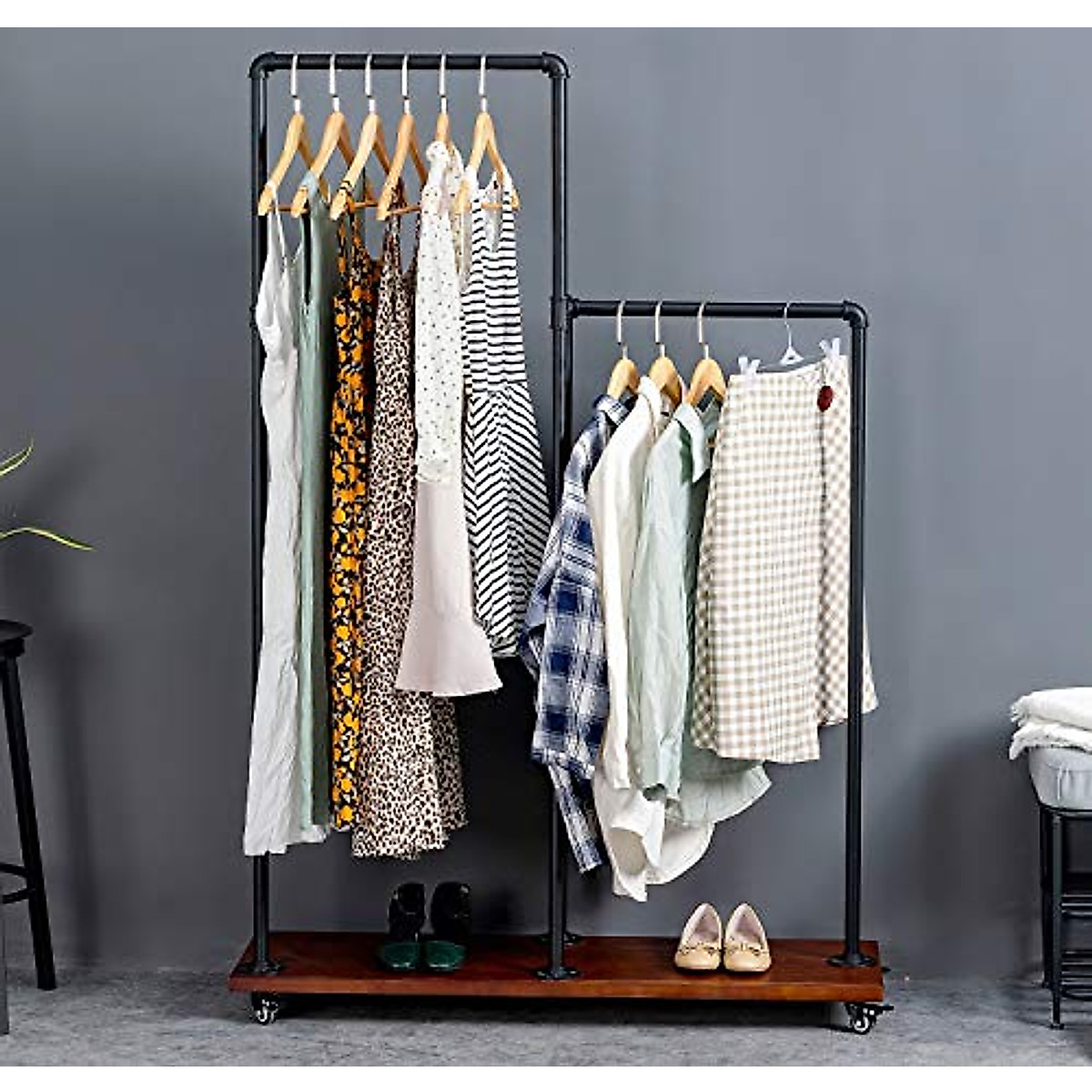 Hanging Clothes Rack with Shelves,Industrial Pipe Clothing Rack on Wheels,Heavy Duty Rolling Garment Rack - Clothes Racks for Hanging Clothes - Natural Wood Base