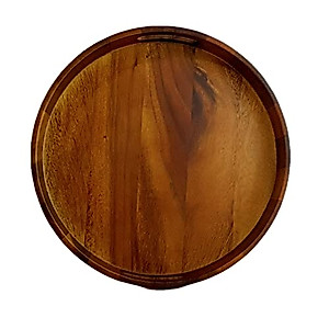 F&L FL005 Acacia Wood Serving Round Tray with Handles Crafted Natural for Coffee, Tea, Breakfast, Lunch, Dinner, Appertizers, Fruit, Dessert, Cake, Snack, Large Platter 14" Diameter x 2" Height