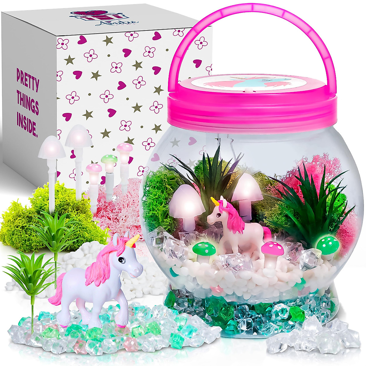 Amitié Lane Unicorn Gift Set - DIY Terrarium Kit and Scented Markers Set - Easy DIY Kids Arts and Crafts Kits - Girls Toys and Birthday Gifts for Kids Age 4-12