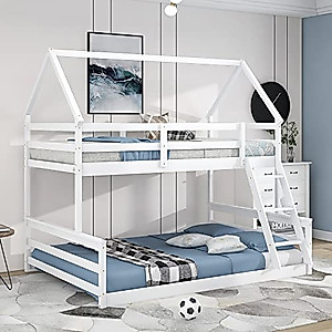 BOVZA Twin Over Full House Bunk Bed, Floor Low Bunk Bed for Kids Teens Girls Boys, Convertible to 2 Beds, White