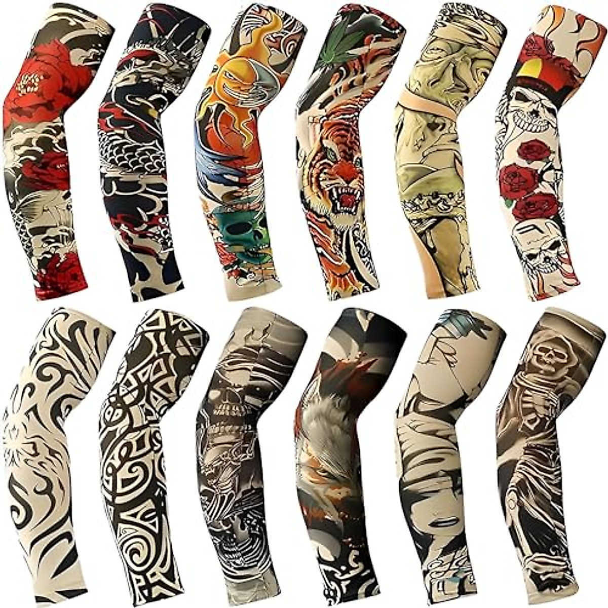 YARIEW Tattoo Sleeves for Men, 12Pcs Arm Sleeves Fake Tattoos Sleeves to Cover Arms Cooling Sun Protection Sleeves