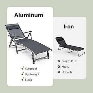 Tangkula Outdoor Aluminum Chaise Lounge Chair, Patio Folding Chaise with 8 Back and 2 Leg Adjustable Positions, Lounge Recliner with Quick-Drying Fabric for Poolside, Backyard, Beach