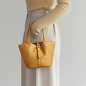 FOXLOVER Genuine Leather Mini Handbags for Women Tote Purses Women's Top Handle Bucket Bags(Yellow)