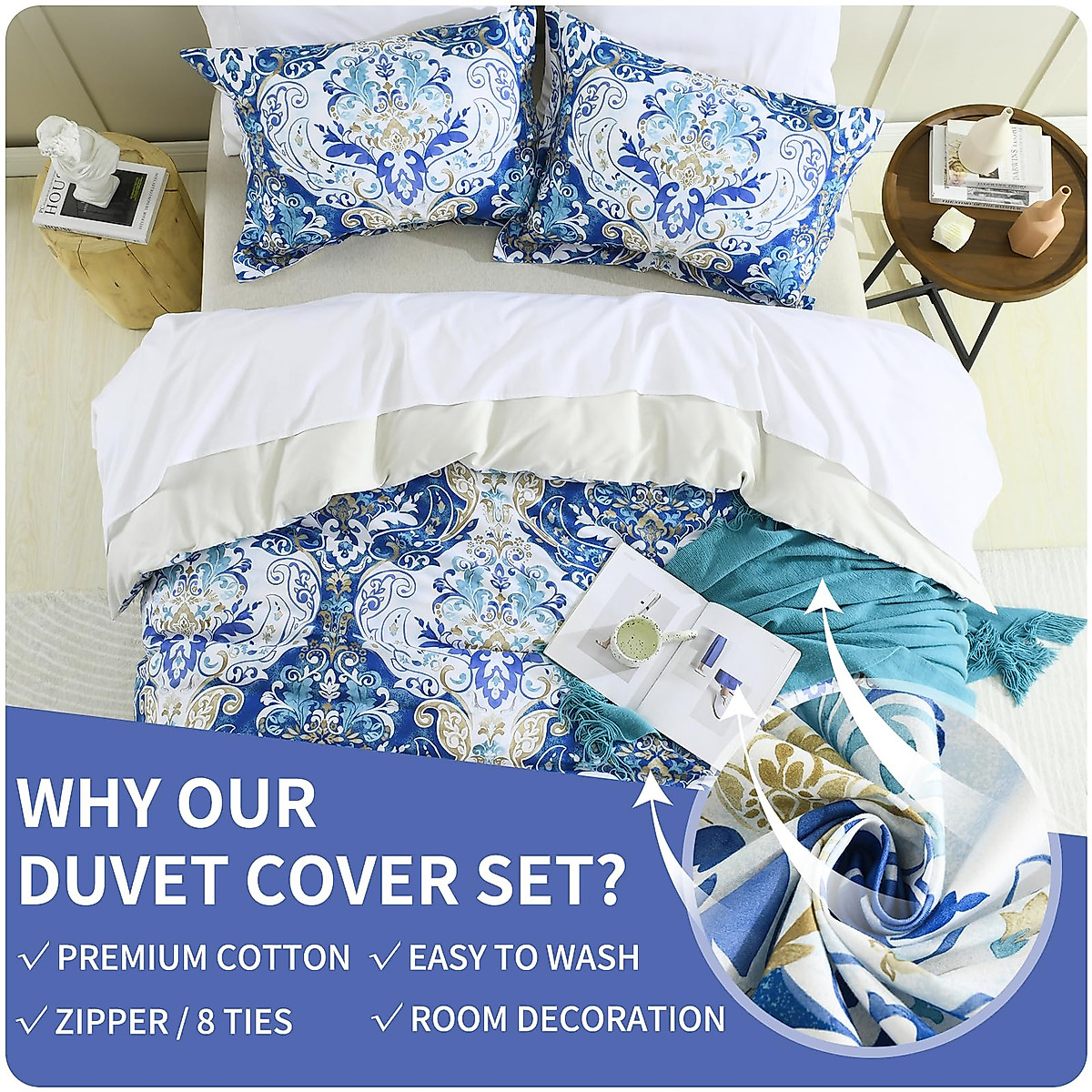 Quilta Blue Damask Duvet Cover King 3 Pieces Bedding Set 104"x90", Vintage Boho Medallion Reversible Pattern Duvet Cover with 2 Pillowshams, Comforter Not Included, Blue/White/Brown
