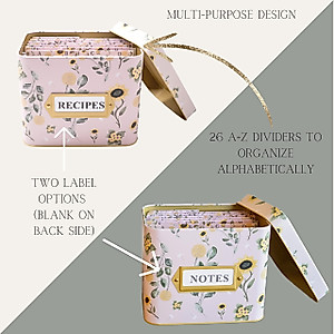 Recipe Box w/ 26 A-Z Dividers - Note Card Holder - Beautiful 4x6 Recipe Card Box - Tin Recipe Organizer w/ 2 Labels Recipes & Notes - Waterproof Index Card Holder for kitchen countertop, office desk