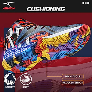 ASHION Kids Basketball Shoes Boys Girls High Top Sneakers Non Slip Running Shoes for Unisex Kids Camo Blue Red Big Kid Size 9.5