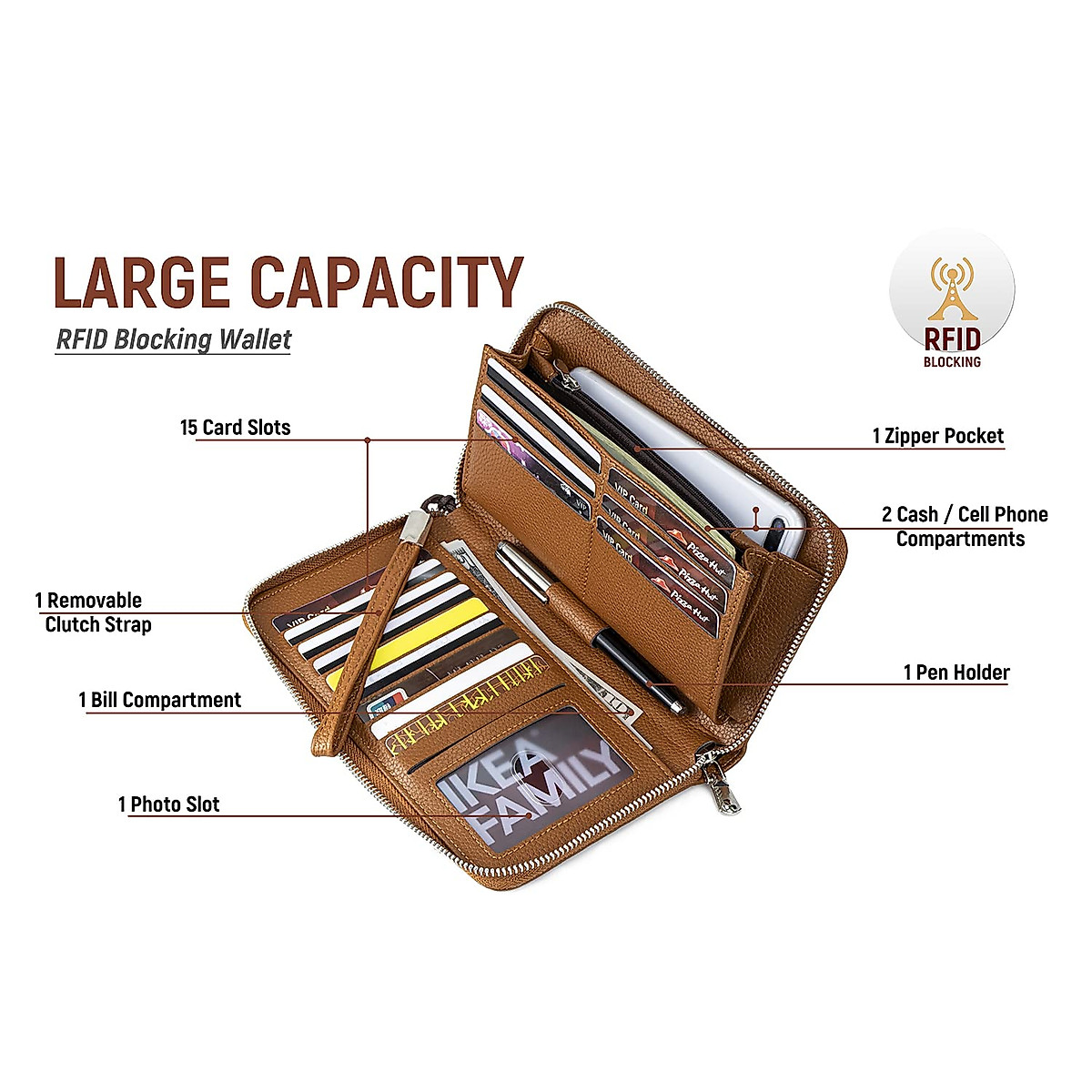 LETEULO Womens Wallets RFID Blocking Leather Wallets for Women Zip Around Clutch Purses Vintage Billfolds Card Organizer Purse (Coffee)