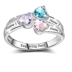 Mother's Day Gift Personalized Mother Daughter Ring with 3 Simulated Birthstones and Names 18K White Gold Filled 925 Sterling Silver Based Ring Customized Family Name Rings for Mother Grandmother Women Wife Birthday Mother’s Day Gift (A)